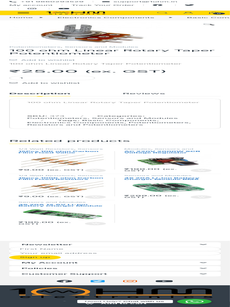 100 Ohm Linear Rotary Taper Potentiometer - Electronic Components ...