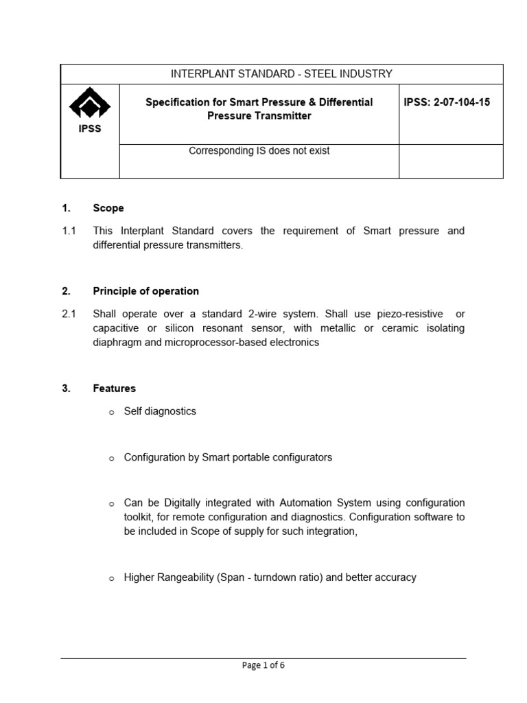 Specification For Smart Pressure & Differential Pressure Transmitter ...