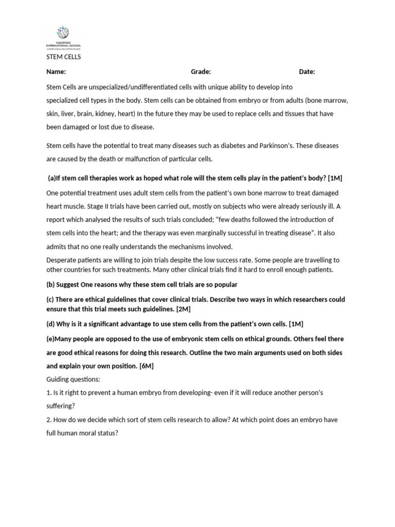 Grade 9 Worksheet - Stem Cells | PDF