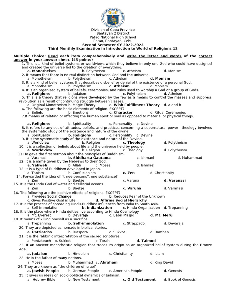 ITWR-3RD MONTHLY Exam - Answer Key | PDF | Hebrew Bible | Torah