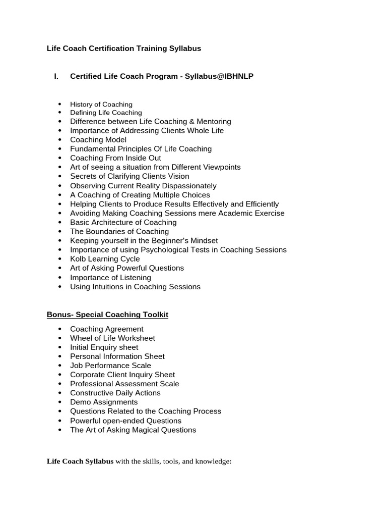 Life Coach Certification Training Syllabus | PDF | Goal | Psychology
