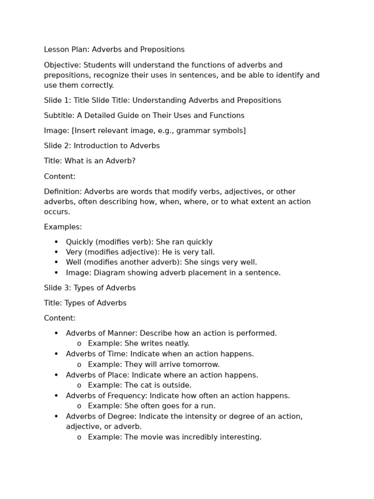 Lesson Plan Adverbs and Preposition. | PDF | Adverb | Preposition And ...