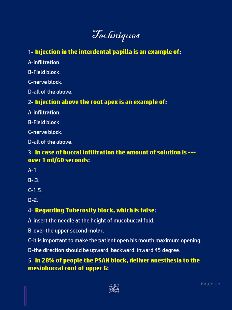 Local Anesthesia Techniques Exam Guide | PDF | Injection (Medicine)