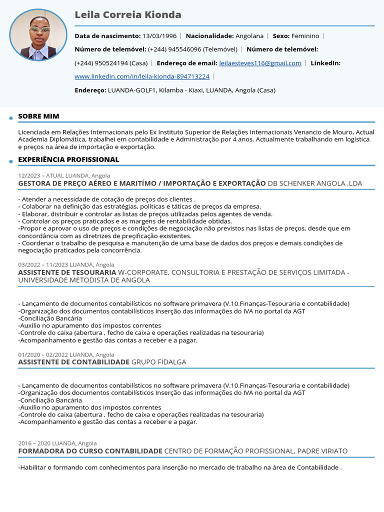 Kionda Leila CV | PDF | Contabilidade | Angola