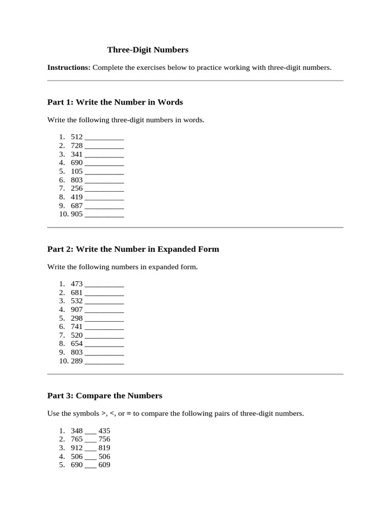 Three Digit Number Practise | PDF