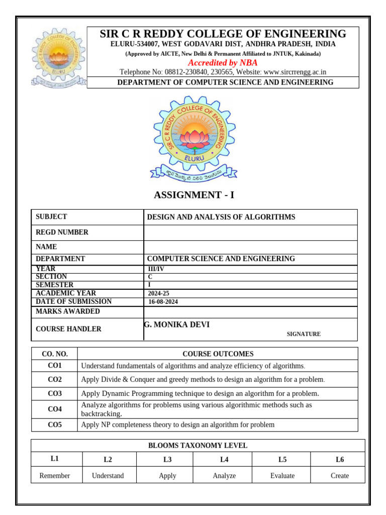 DAA ASS-1 Cover Page | PDF