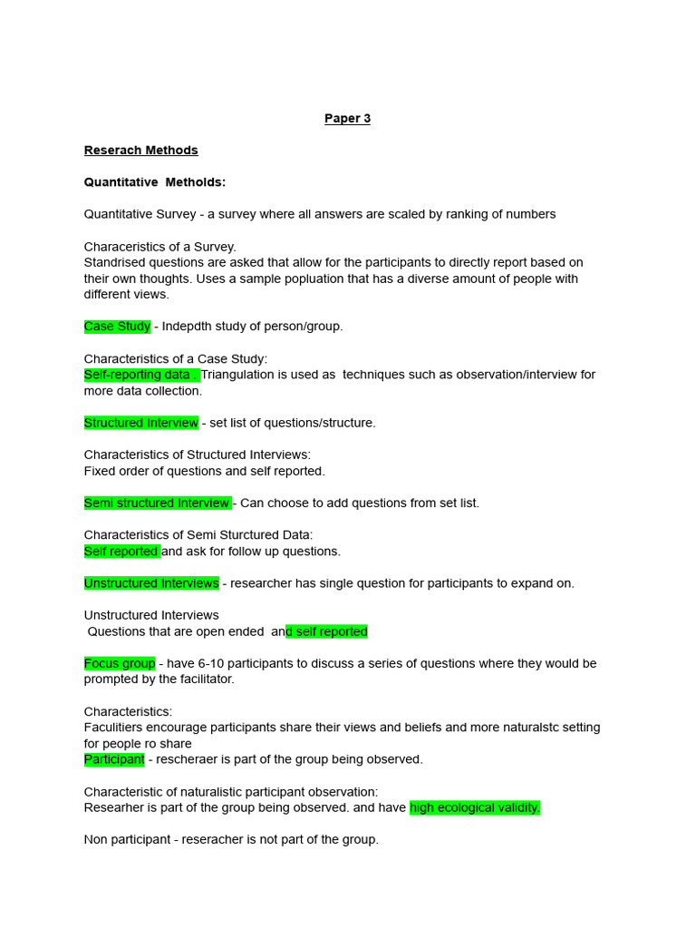Psychology Paper 3 Revision - Google Docs | PDF | Experiment | Validity ...