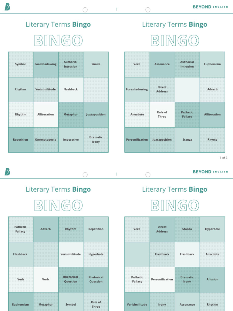 Literary Terms Bingo Player Cards 25 To 36 Higher Ability | PDF ...