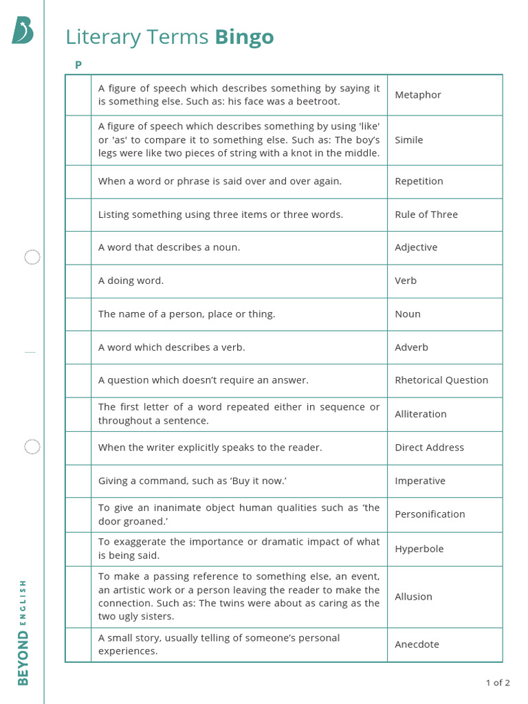 Literary Terms Bingo Player Cards Higher Ability | PDF | Poetry | Verb