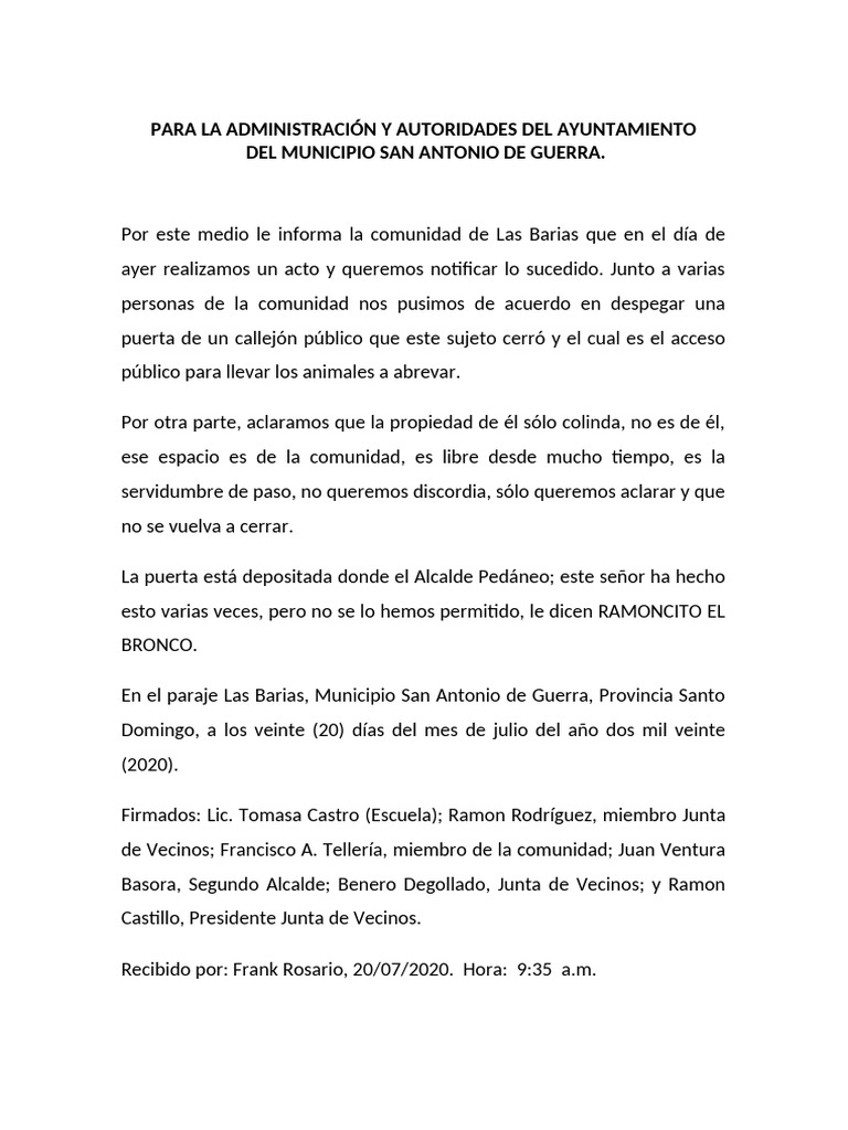 Comunicacion de Las Barias Dirigida Al Ayuntamiento. | PDF