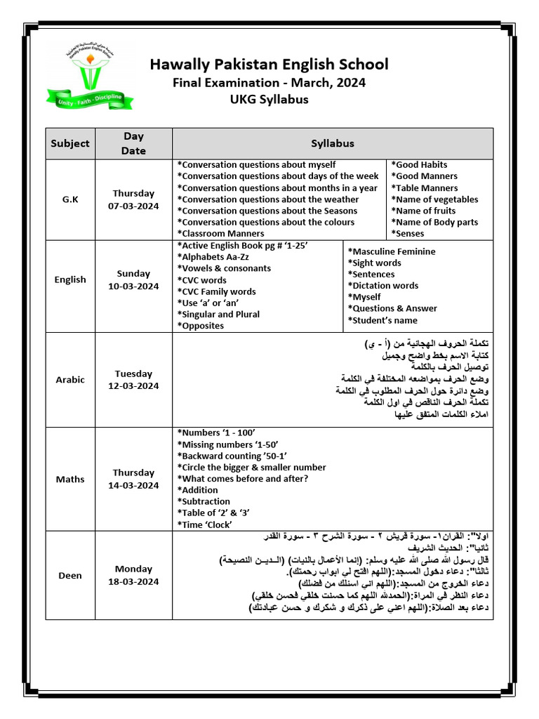 UKG Exam Syllabus Final Term Exam Date Sheet. March-2024 new | PDF