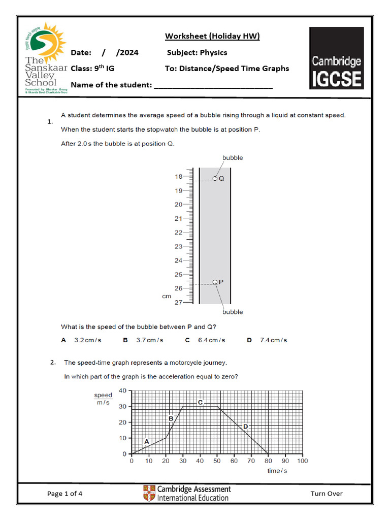 Physics Worksheet: Distance/Speed Graphs | PDF | Speed | Mechanics