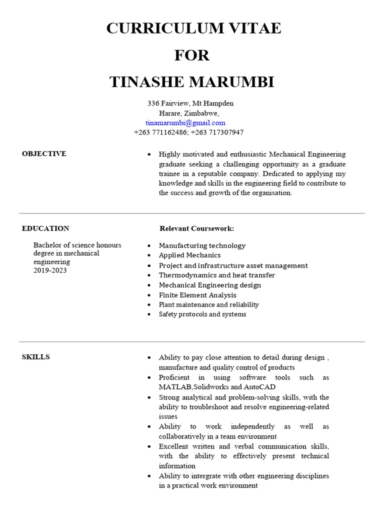 Mechanical Engineering Graduate CV | PDF | Engineering | Mechanical Engineering