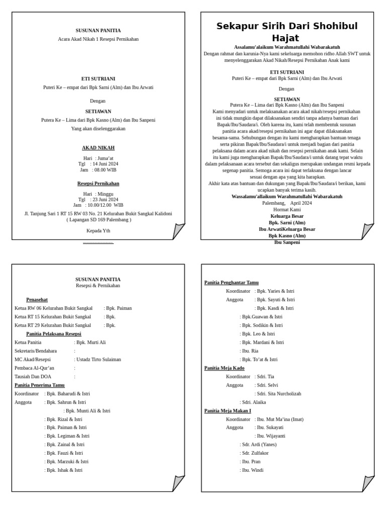 Susunan Panitia Pernikahan Eti & Setiawan | PDF