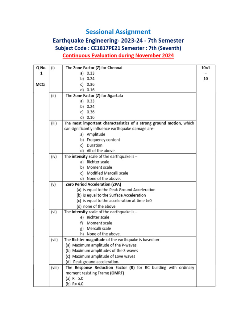 Sessional Assignment 2024 7thsem Eartquake Engineering | PDF | Earthquakes | Seismology