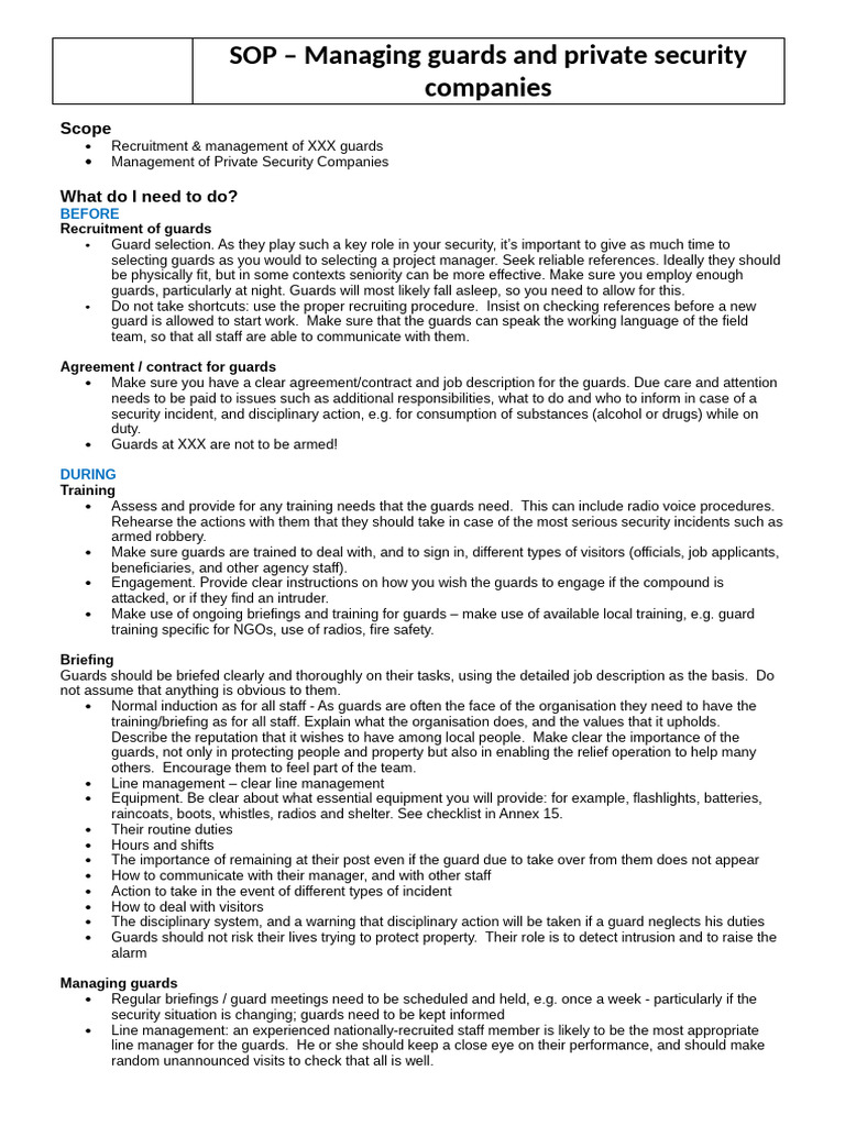 Guards Management Private Security Companies SOP | PDF