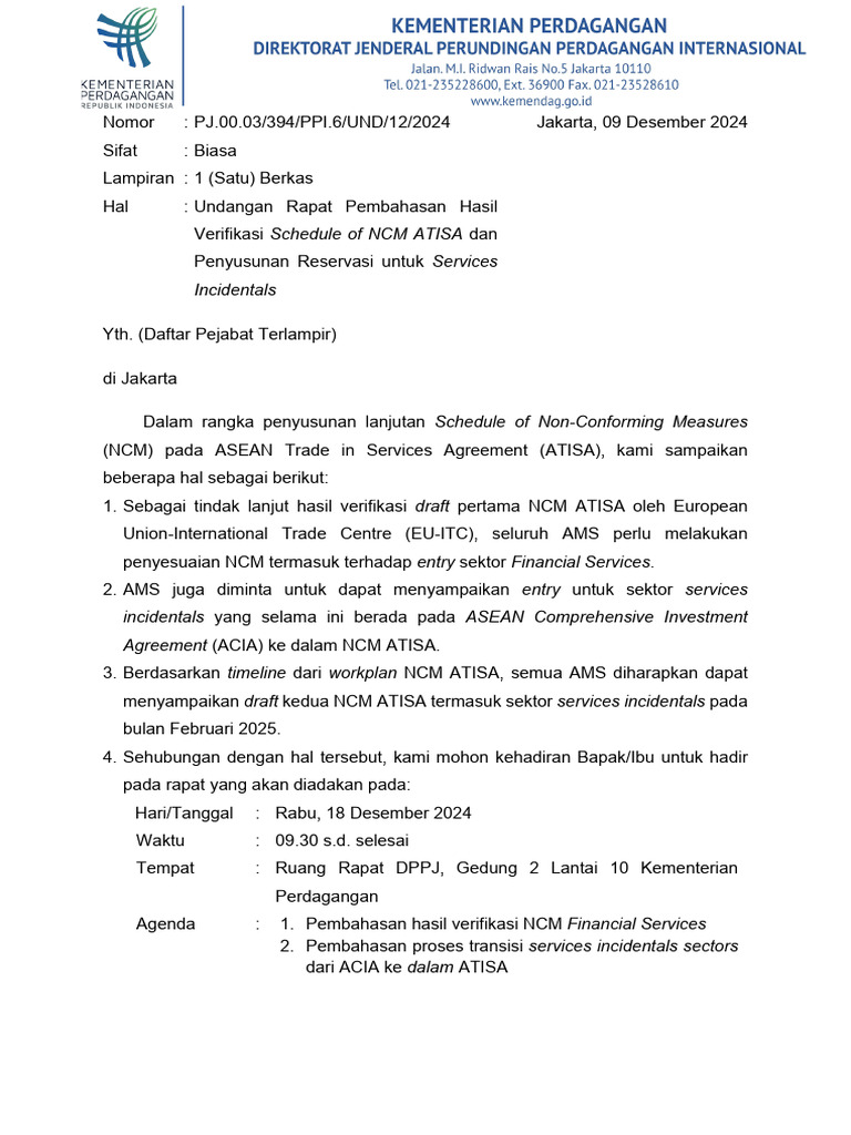 UND Rapat Pembahasan Hasil Verifikasi Schedule of NCM ATISA dan Penyusunan Reservasi untuk ...