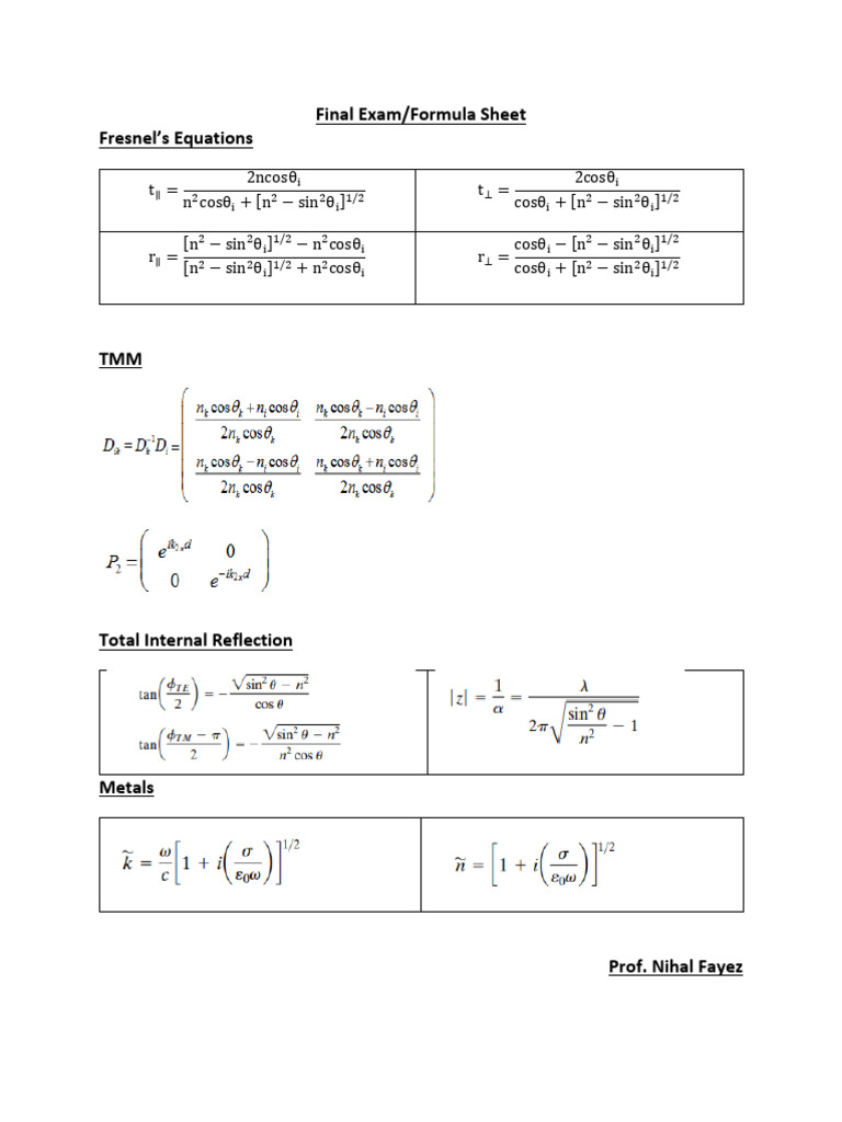 Fresnel Equations & Total Internal Reflection | PDF