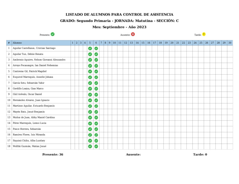 Listado de Alumnos para Control de Asistencia GRADO: Segundo Primaria ...
