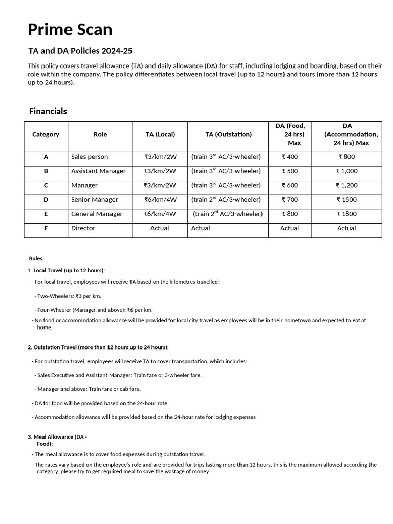 Prime Scan TA DA Policy 2024 25 | PDF | Cost Of Living