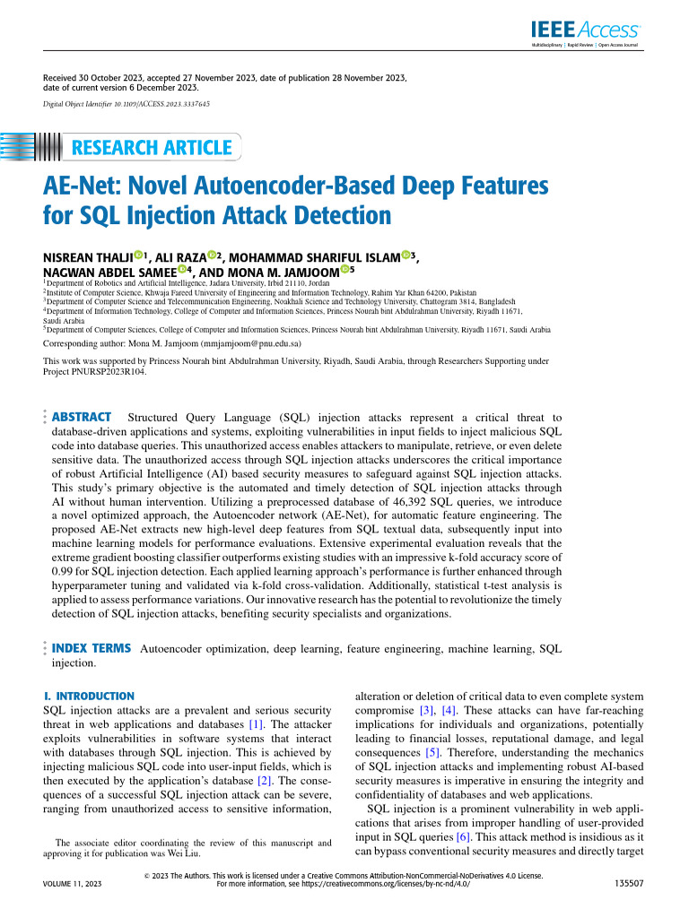 Ae Net Novel Autoencoder Based Deep Features For Sql Injection Attack Detection Pdf Machine