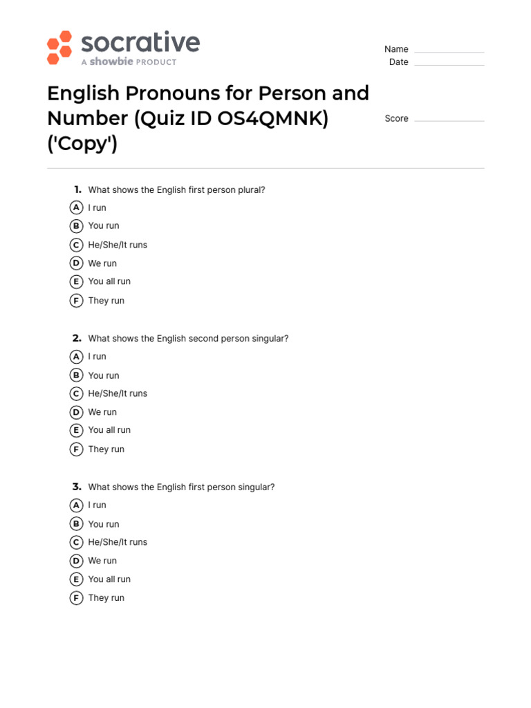 Quiz - English Pronouns For Person and Number (Quiz ID OS4QMNK) (Copy ...