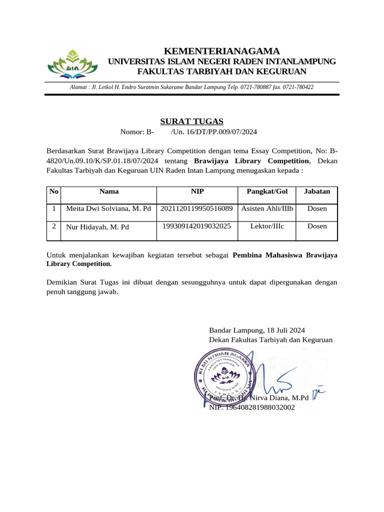 SURAT TUGAS Brawijaya Library Competition | PDF