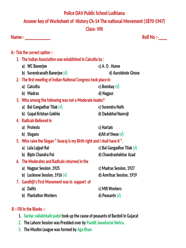 History Ch-14 National Movement Answer Key | PDF | British Raj ...