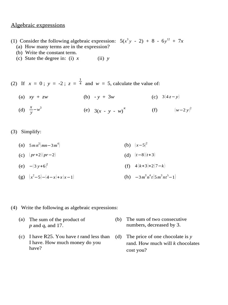 Algebraic Expressions Worksheet | PDF
