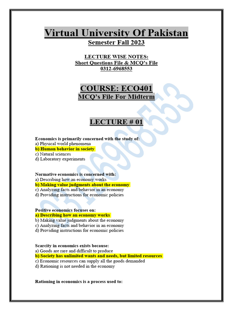 Eco401 Lecture Wise (Quiz File) 03126968553 | PDF | Elasticity (Economics) | Demand