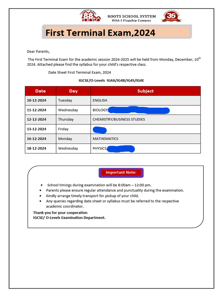 Date Sheet First Terminal Exam, 2024 IG4 | PDF