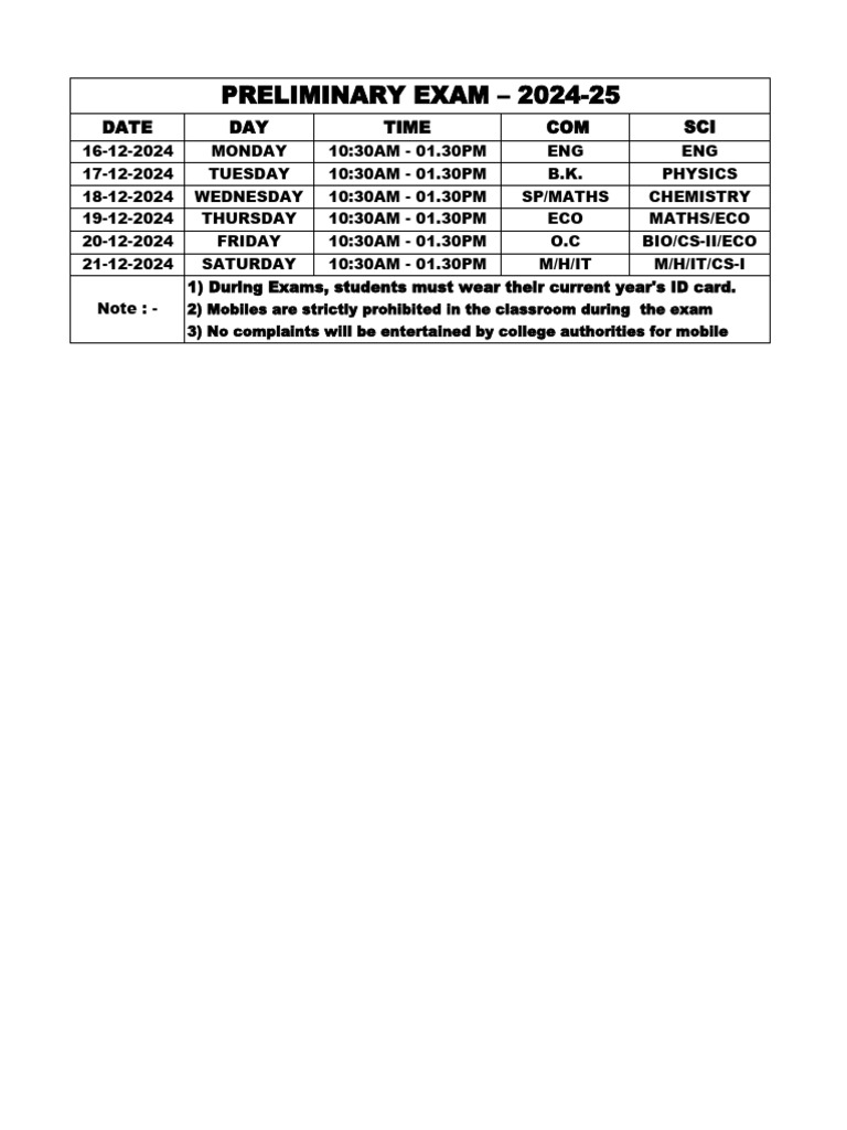 Preliminary Exam Timetable 2024-25 | PDF
