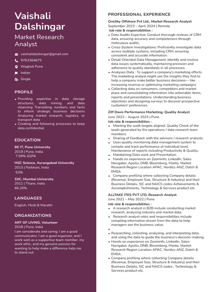 Vaishali Dalshingar: Market Research Analyst | PDF | Microsoft Excel ...