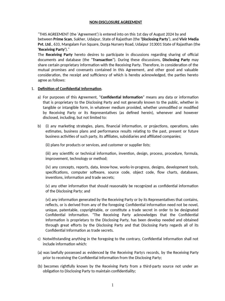 Vivir Media Non Disclosure Agreement R | PDF | Confidentiality | Discovery (Law)