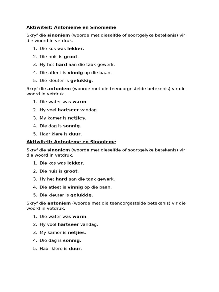 Sinonieme en Antonieme Aktiwiteit | PDF