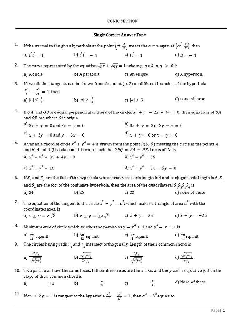 11.conic Section: Single Correct Answer Type | PDF | Ellipse | Perpendicular