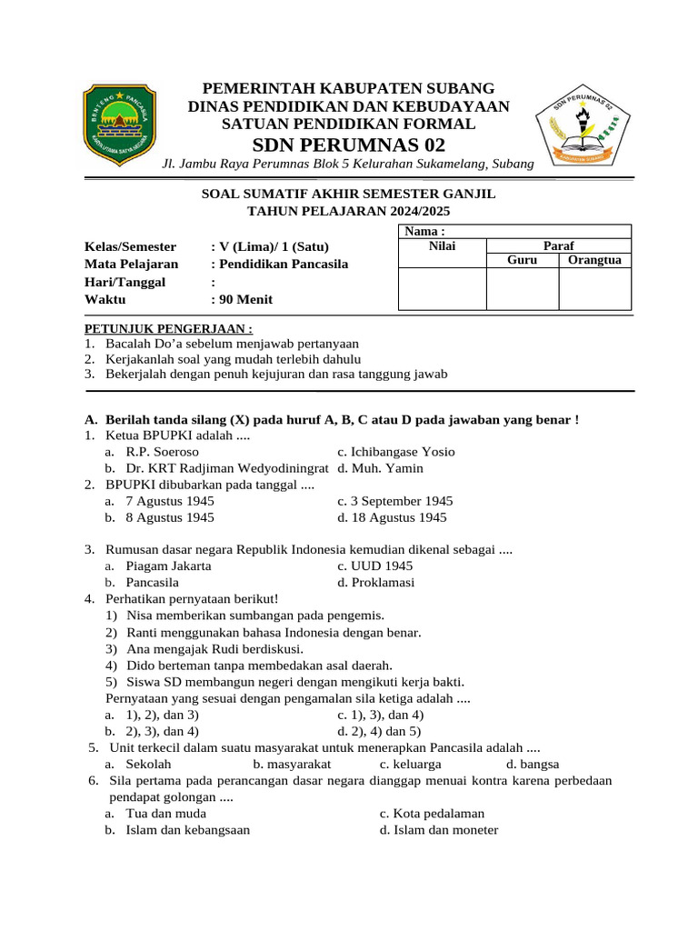 Soal Pend. Pancasila - Sumatif Akhir Semester (Sas) | PDF