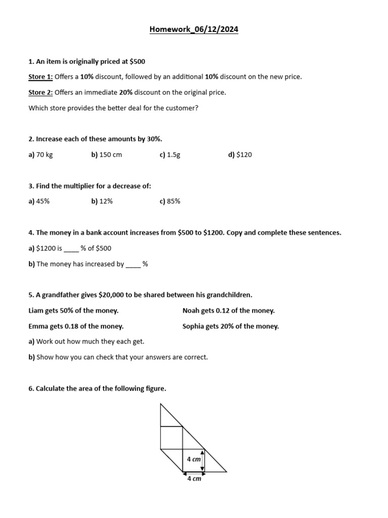 Math Homework: Discounts & Percentages | PDF