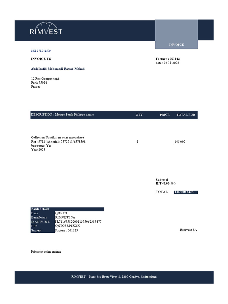 Facture Patek - 2023 | PDF