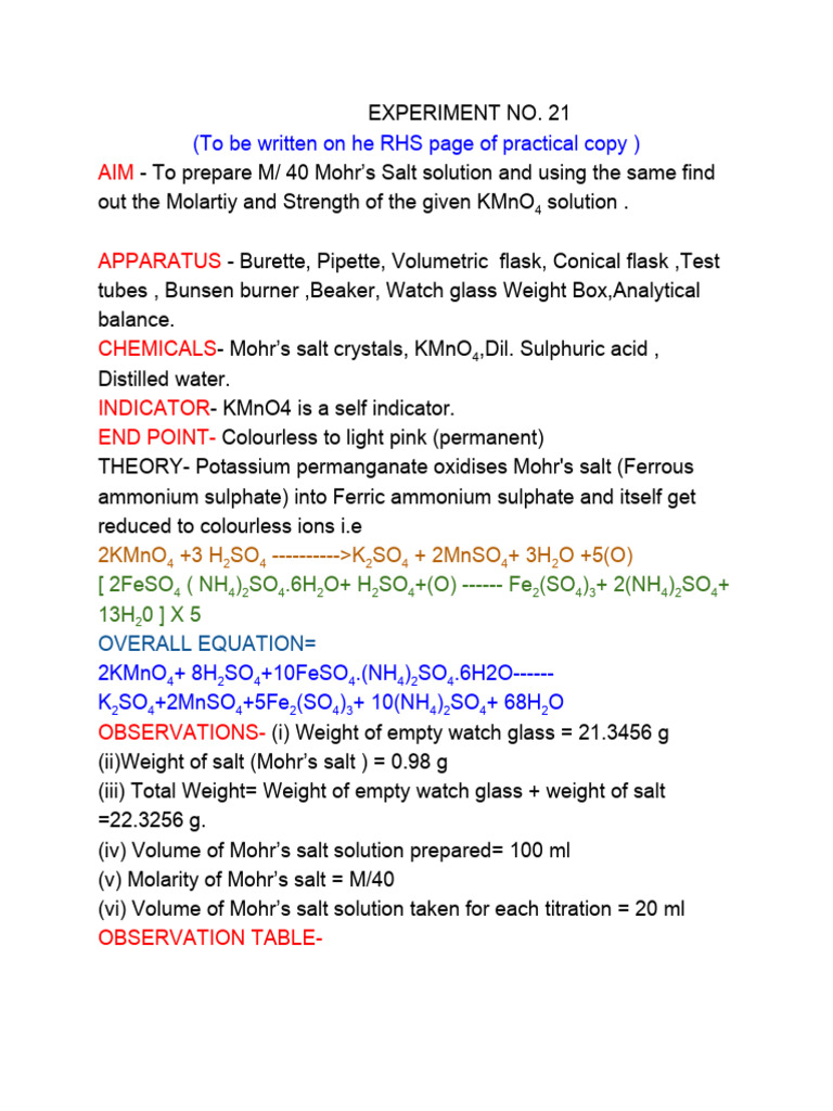 Mohr Salt Titration with KMnO4 | PDF | Titration | Chemistry