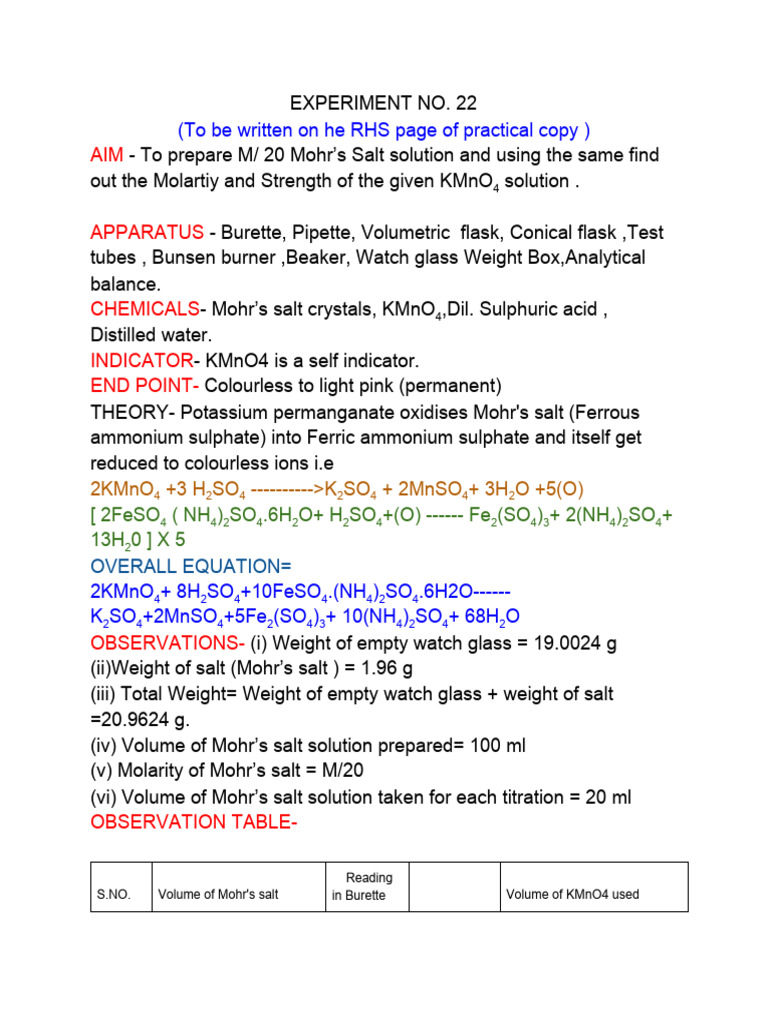 EXPERIMENT 22 TITRATION Mohr's Salt M-20 | PDF | Titration | Chemistry