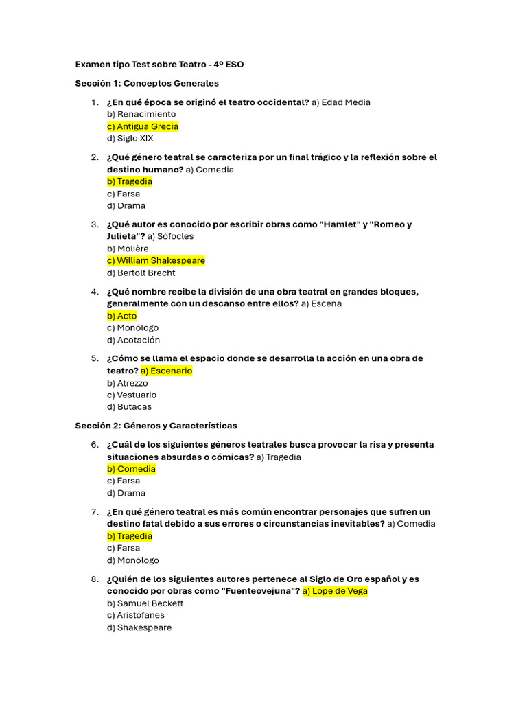 Examen Tipo Test Sobre Teatro Olaya | PDF | Teatro | Tragedia