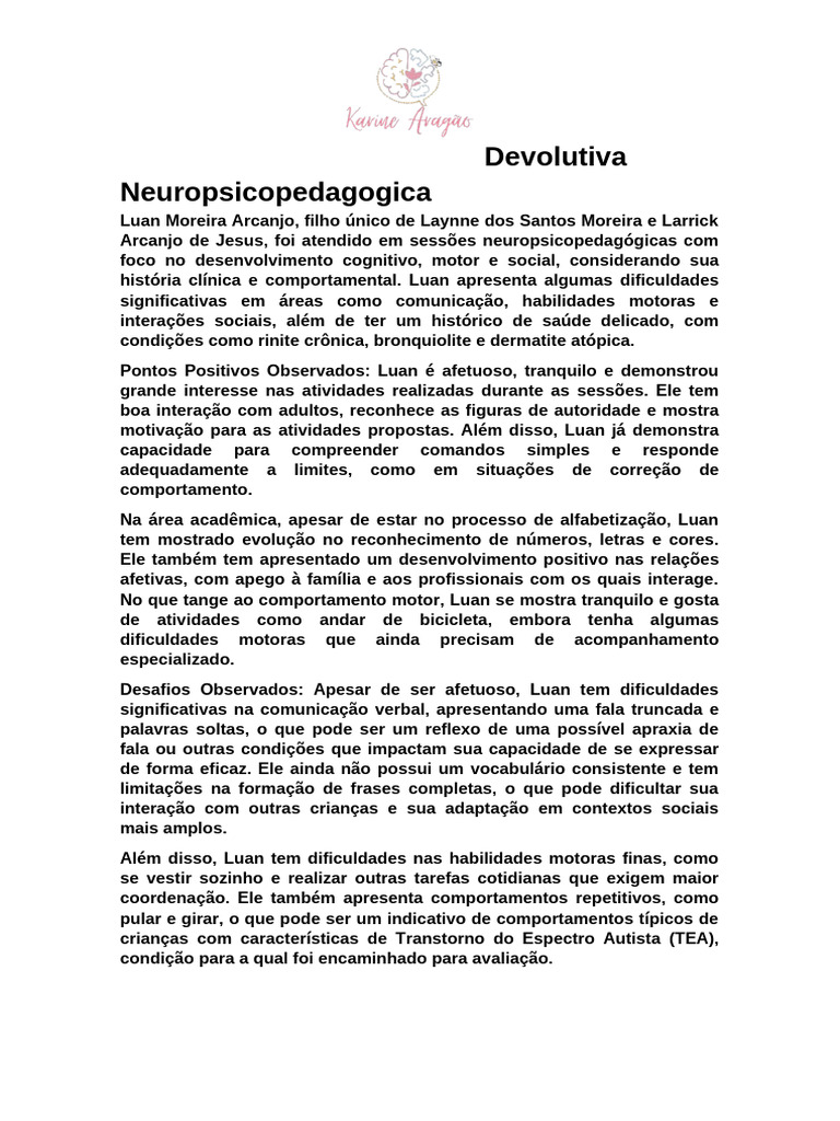 Devolutiva Neuropsicopedagogica | PDF | Comportamento | Teoria do Apego