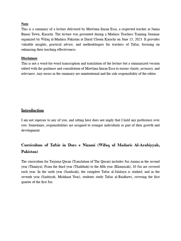 Mawlana Imran Essa - Teaching Tafsir | PDF | Quran | Islam