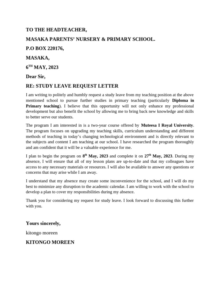 Kitongo Moreen Study Leave Request Letter | PDF
