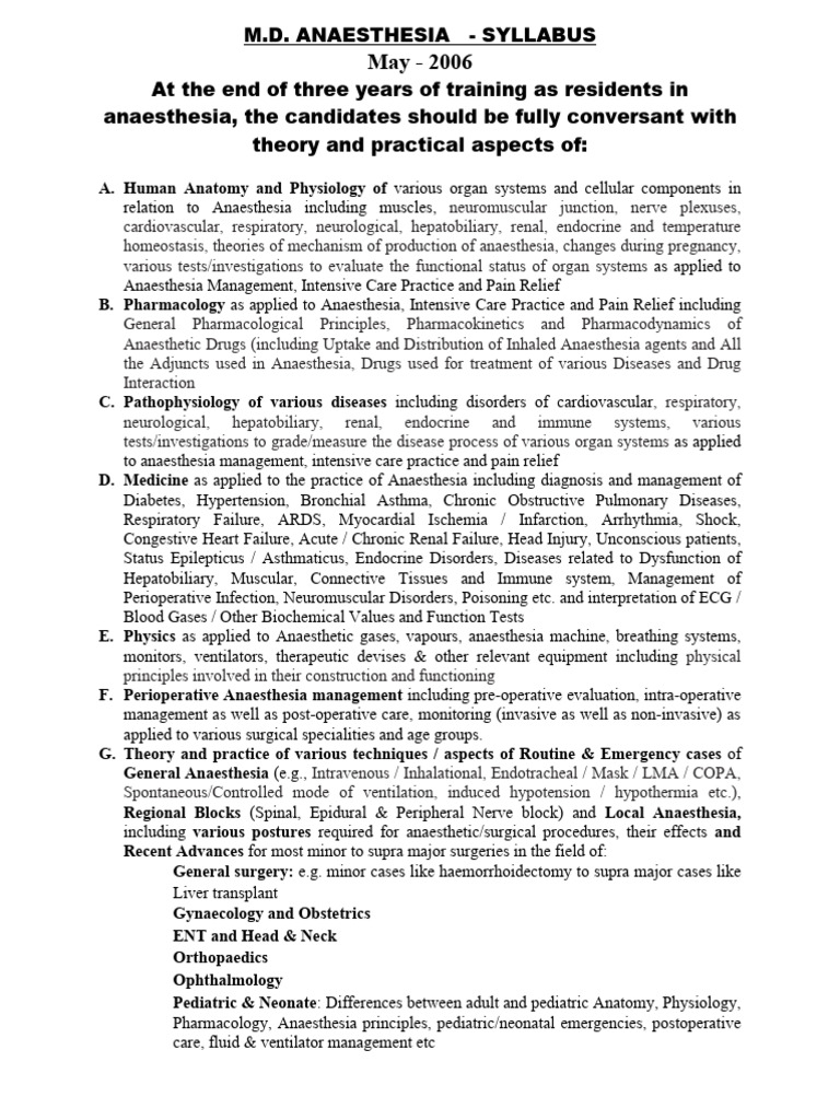 Anaesthesia Residency Syllabus | PDF