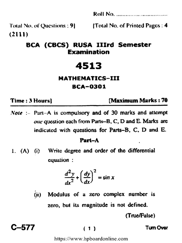 Hpu Ug Bca 3 Sem Mathematics 3 4513 2021 | PDF