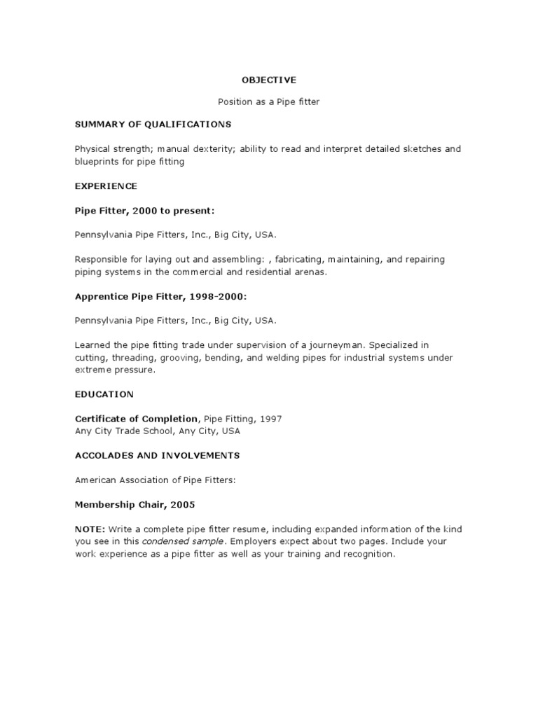 Pipe Fitter Resume and Qualifications | PDF