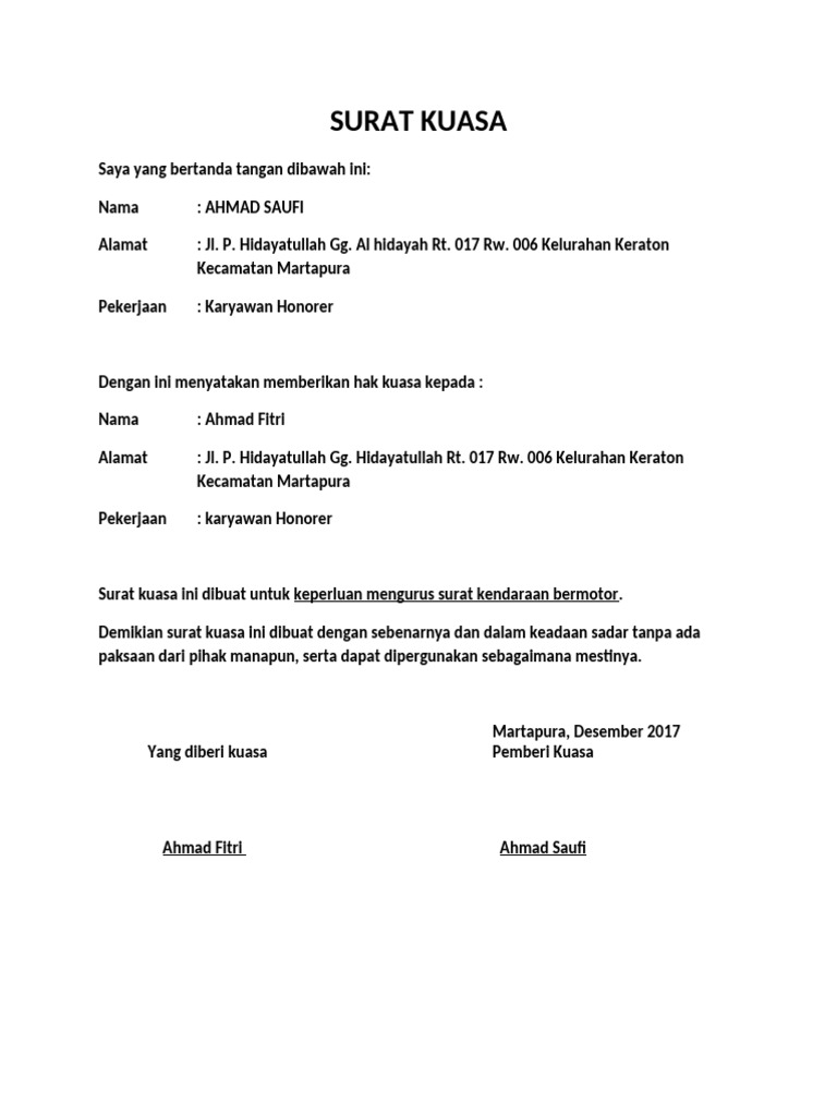 Surat Kuasa Mengurus Kendaraan Bermotor | PDF