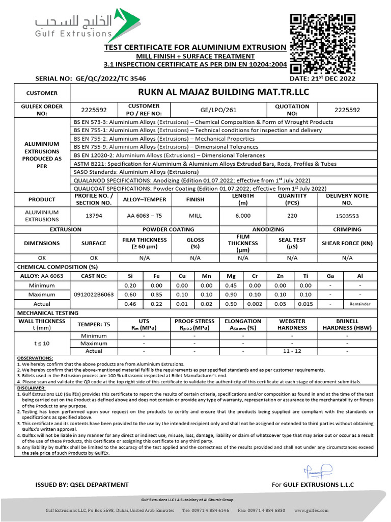 Aluminum Extrusion Test Certificate | PDF | Extrusion | Materials